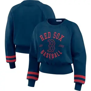 WEAR BY ERIN ANDREWS Boston Red Sox Vintage Washed Cropped Pullover Sweatshirt - Navy