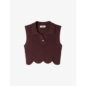 Sandro Cropped Button-neck Stretch-knit Top