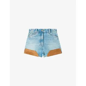 Sandro Riveted High-rise Suede And Denim Shorts - Light Bu Jean