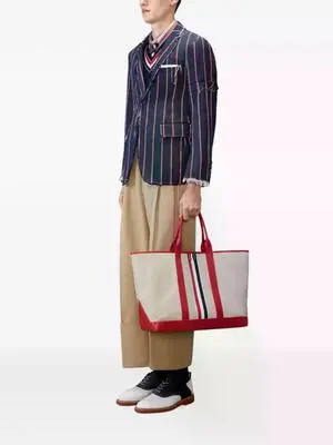 Thom Browne Stripe Leather Handles Tote - Neutrals