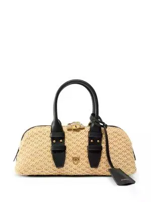 Pinko Small Escape Tote Bag In Woven Raffia With Leather Accents