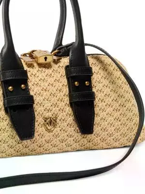 Pinko Small Escape Tote Bag In Woven Raffia With Leather Accents