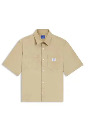 Hugo Oversize-fit Shirt In Slub Cotton With Patch Pockets - Beige