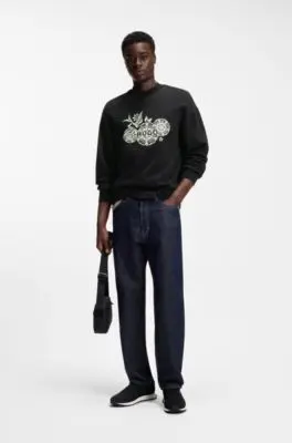 Hugo Cotton-terry Sweatshirt With Embroidered Logo Artwork - Black