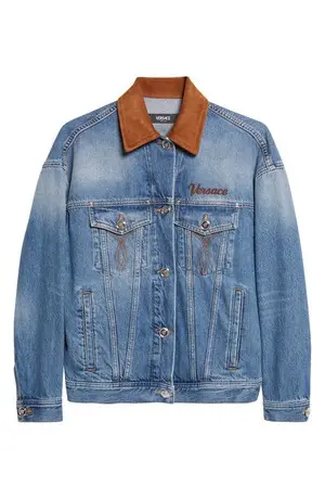 Versace Suede Trim Stonewash Denim Trucker Jacket
