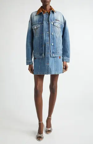 Versace Suede Trim Denim Trucker Jacket - Medium Blue