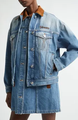 Versace Suede Trim Denim Trucker Jacket - Medium Blue