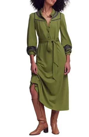 Boden Embroidered Ruffle Trim Midi Shirtdress - Olive