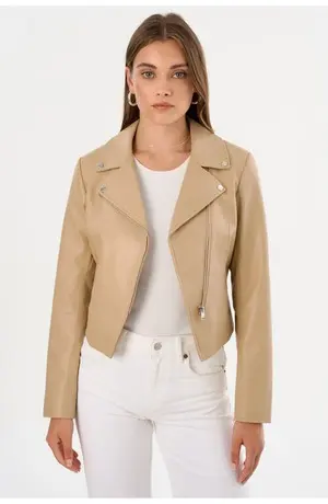 LAMARQUE Fitted Faux Leather Jacket - Wheat