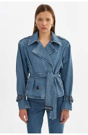 LAMARQUE Dhana | Denim Trench Jacket - Mid Blue Wash