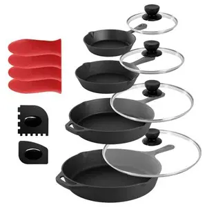 MEGACHEF 13 Piece Cast Iron Skillet Set With Tempered Glass Lids And Silicone Holders - Black