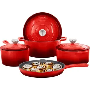 MEGACHEF 7 Piece Enameled Cast Iron Cookware Set - Red