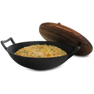 MEGACHEF 2 Piece 14 Inch Heavy Duty Cast Iron Wok With Wood Lid - Black