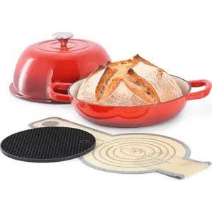 MEGACHEF 6 Quart Enameled Cast Iron Bread Pot With Baking Mat - Red