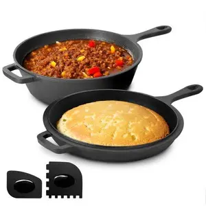 MEGACHEF 10.5 Inch 2-in-1 Pre-seasoned Cast Iron Skillet And Fry Pan Set - Black