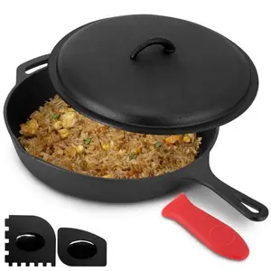MEGACHEF 12 Inch Pre-seasoned Cast Iron Skillet With Cast Iron Lid - Black