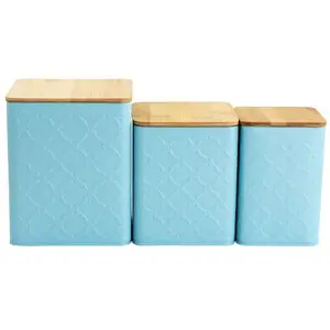 MEGACHEF 3 Piece Square Iron Kitchen Canister Set With Wood Lids - Turquoise