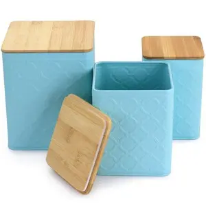 MEGACHEF 3 Piece Square Iron Kitchen Canister Set With Wood Lids