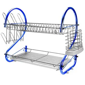 MEGACHEF 16 Inch Two Shelf Iron Wire Dish Rack - Blue