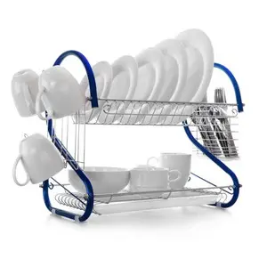 MEGACHEF 16 Inch Two Shelf Iron Wire Dish Rack - Blue
