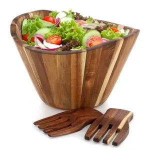 MEGACHEF Large Acacia Wood Salad Bowl With Serving Utensils - Brown