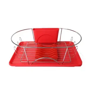 MEGACHEF 17 Inch Dish Rack With Detachable Utensil Holder And A 6 Attachable Plate Positioner - Red
