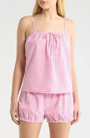 French Connection Gingham Seersucker Cami & Bloomer Short Pajamas - Pink Combo