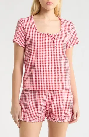 French Connection Gingham Seersucker Bloomer Short Pajamas - Red Combo