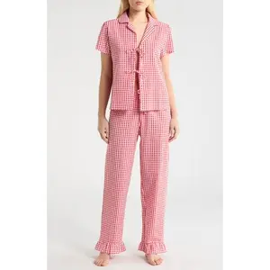 French Connection Gingham Seersucker Pajamas - Red Combo