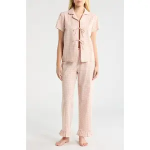 French Connection Gingham Seersucker Pajamas - Tan Combo