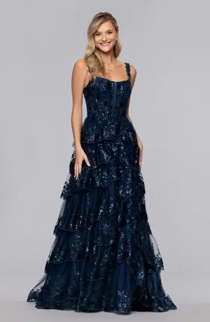 BLONDIE NITES Sequin Tiered Ruffle Ballgown