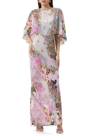 AFRM Izel Mix Print Maxi Slip Dress With Removable Cape