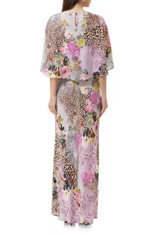 AFRM Izel Mix Print Maxi Slip Dress With Removable Cape