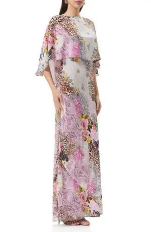 AFRM Izel Mix Print Maxi Slip Dress With Removable Cape