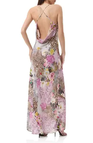 AFRM Izel Mix Print Maxi Slip Dress With Removable Cape