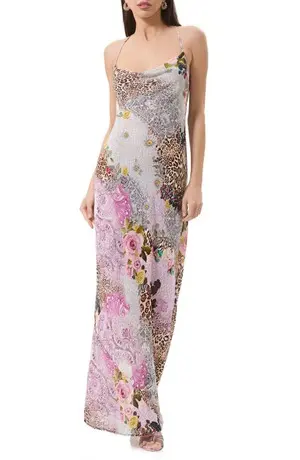 AFRM Izel Mix Print Maxi Slip Dress With Removable Cape