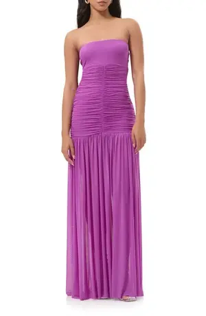AFRM Polka Dot Ruched Strapless Maxi Dress - Cactus Flower