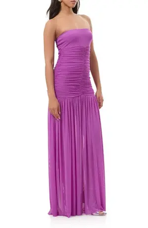 AFRM Polka Dot Ruched Strapless Maxi Dress - Cactus Flower