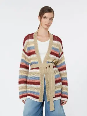 Max Mara Linen Yarn Cardigan With Belt - Cherry