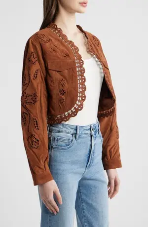 Farm Rio Richilieu Embroidered Leather Crop Jacket