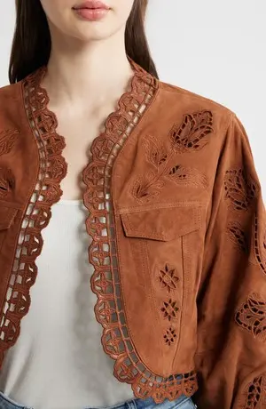 Farm Rio Richilieu Embroidered Leather Crop Jacket