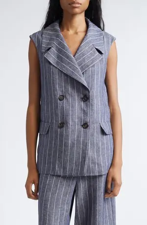 Max Mara Ballo Pinstripe Double Breasted Linen Vest - Ultramarine