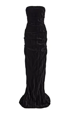COLLEEN ALLEN Strapless Gathered Velvet Maxi Dress - Black