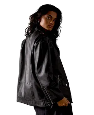 WAREHOUSE Oversized Whipstitch Leather Look Jacket - Black