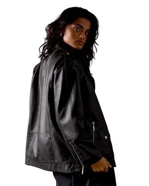 WAREHOUSE Oversized Whipstitch Leather Look Jacket - Black