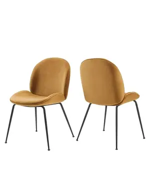 MODWAY Scoop Black Powder Coated Steel Leg Performance Velvet Dining Chairs, Set Of 2 Cognac