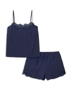 PETITE PLUME Lace Trim Camisole & Shorts Pajama Set - Navy