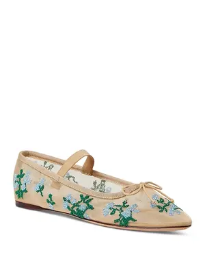 LOEFFLER RANDALL Floral Embroidery Mesh Ballet Flats - Caramel/green/blue