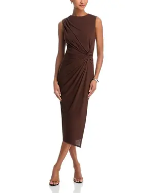 Aqua Jersey Knot Waist Midi Dress - Brown