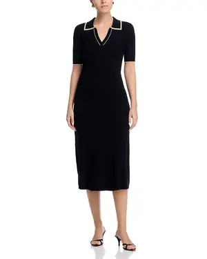 T Tahari Short Sleeve Polo Collar Midi Dress - Black